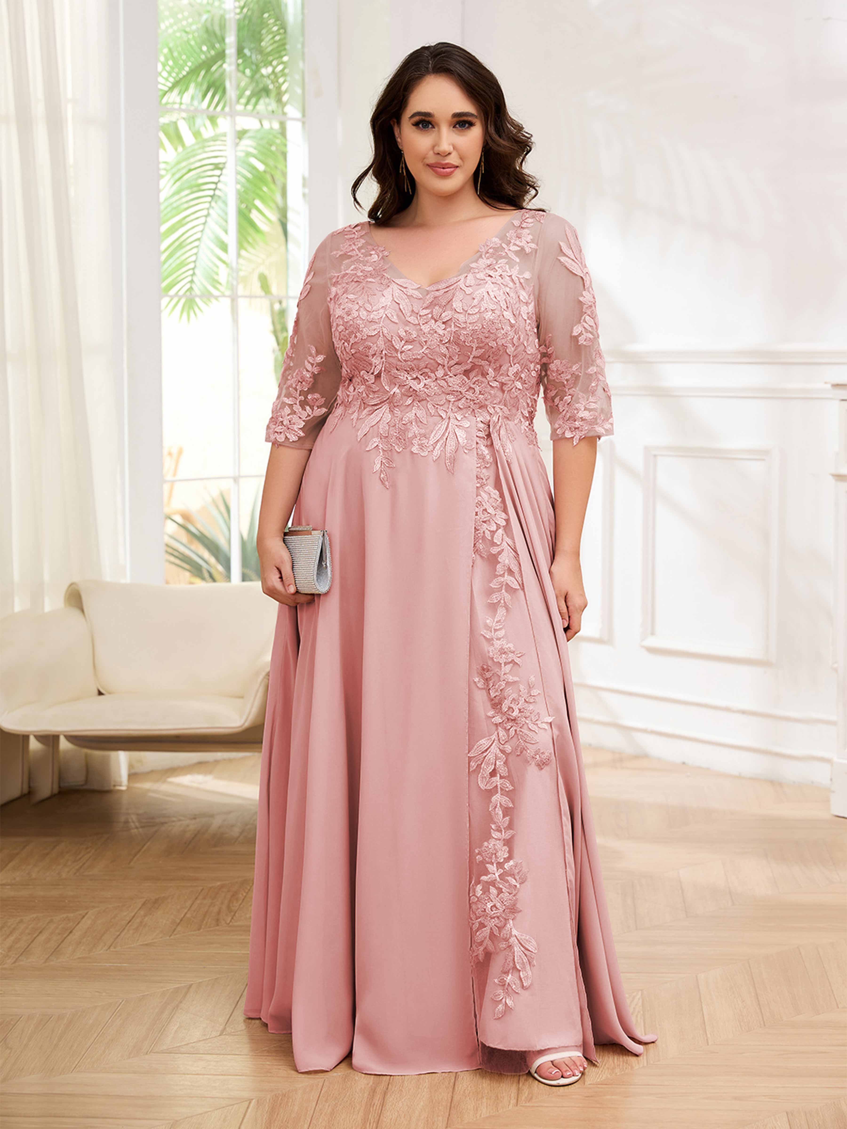 Tailored V-Neck Appliques Lace Chiffon Plus Size Mother Of The Bride D – mollyevers.com